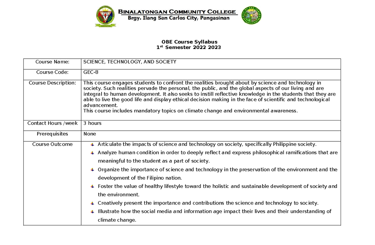 STS-Syllabus-1 - SYL - OBE Course Syllabus 1 st Semester 2022 2023 Course Name: SCIENCE ...
