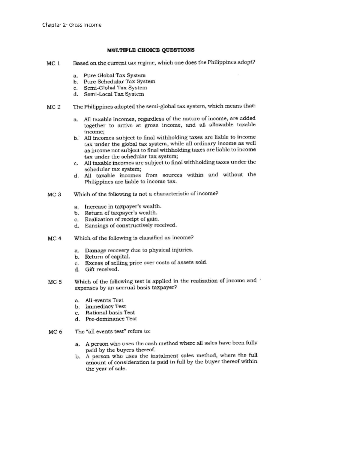 Gross Income Multiple Choice - Income Taxation - Studocu