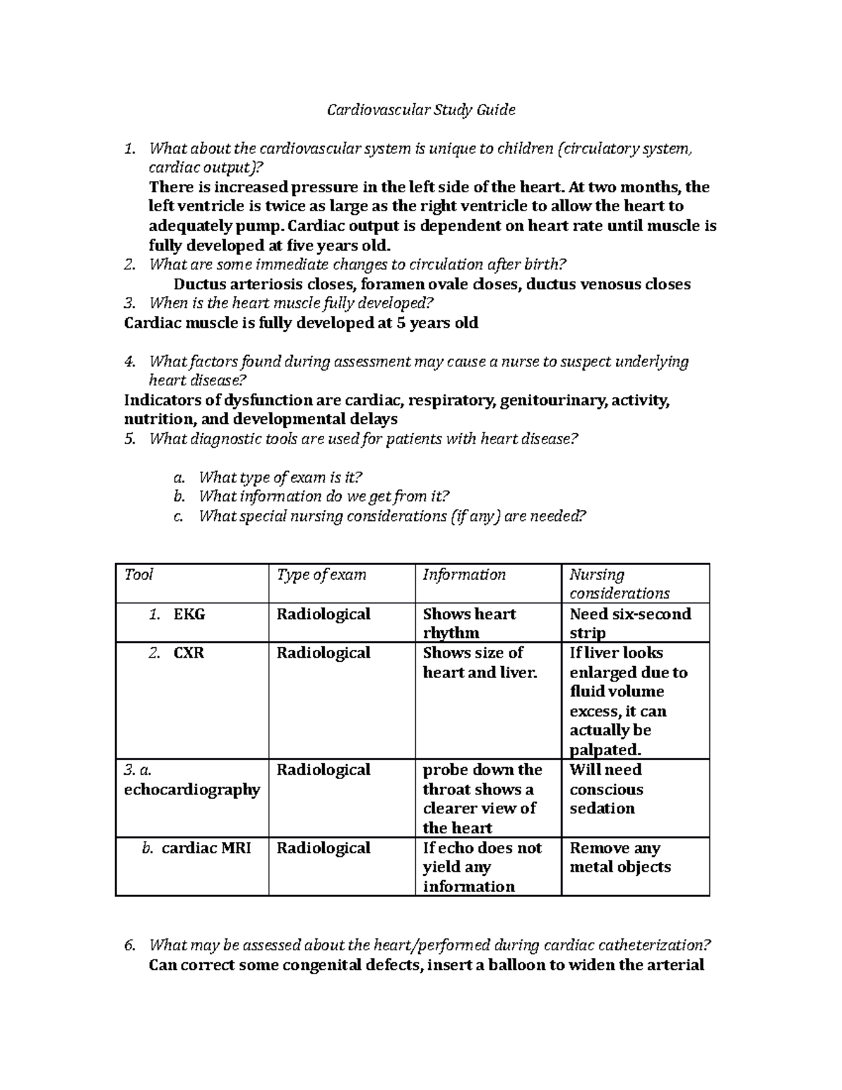 Pediatric nursing cardiac study guide - Cardiovascular Study Guide 1 ...
