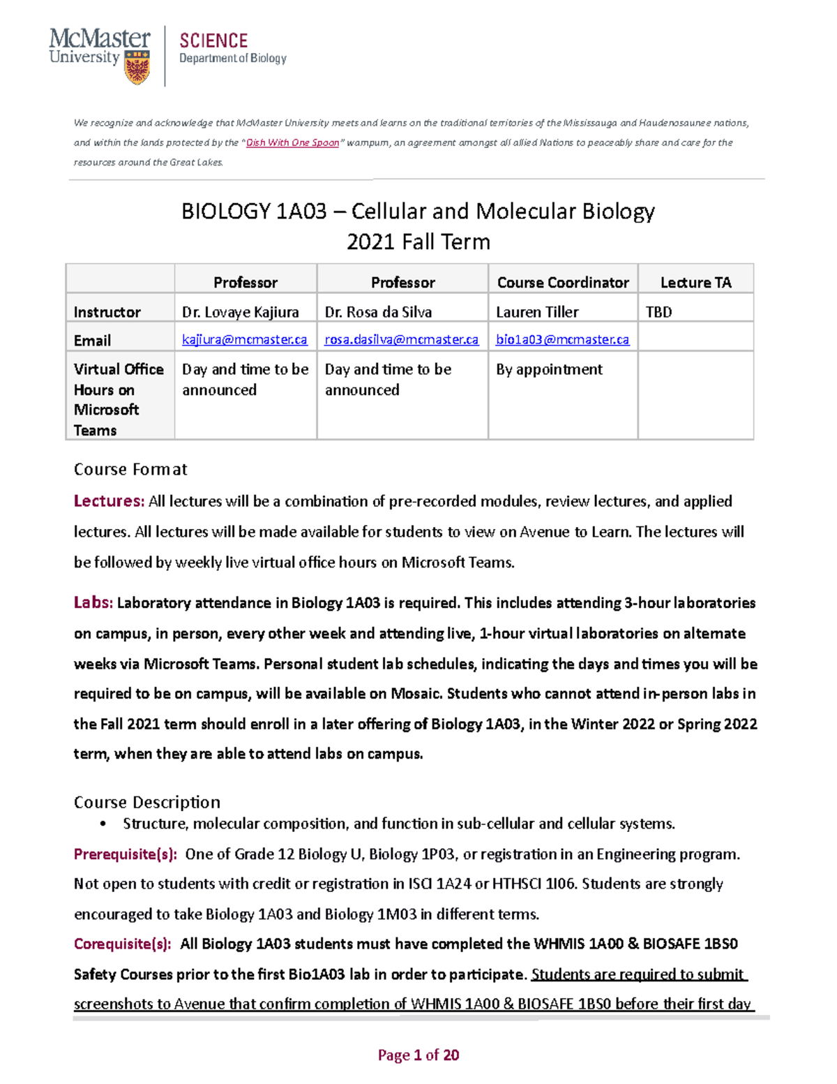 BIO 1A03 fall outline - We recognize and acknowledge that McMaster ...