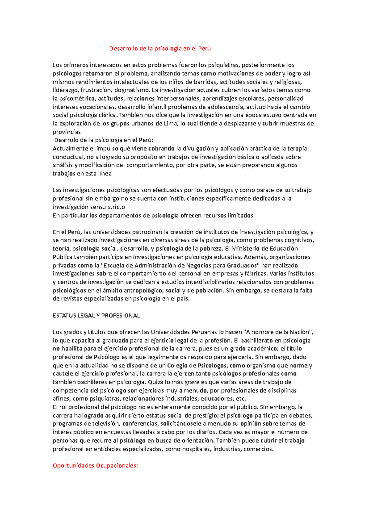 Documento - Njjjjj - Desarrollo de la psicología en el Perú Los ...