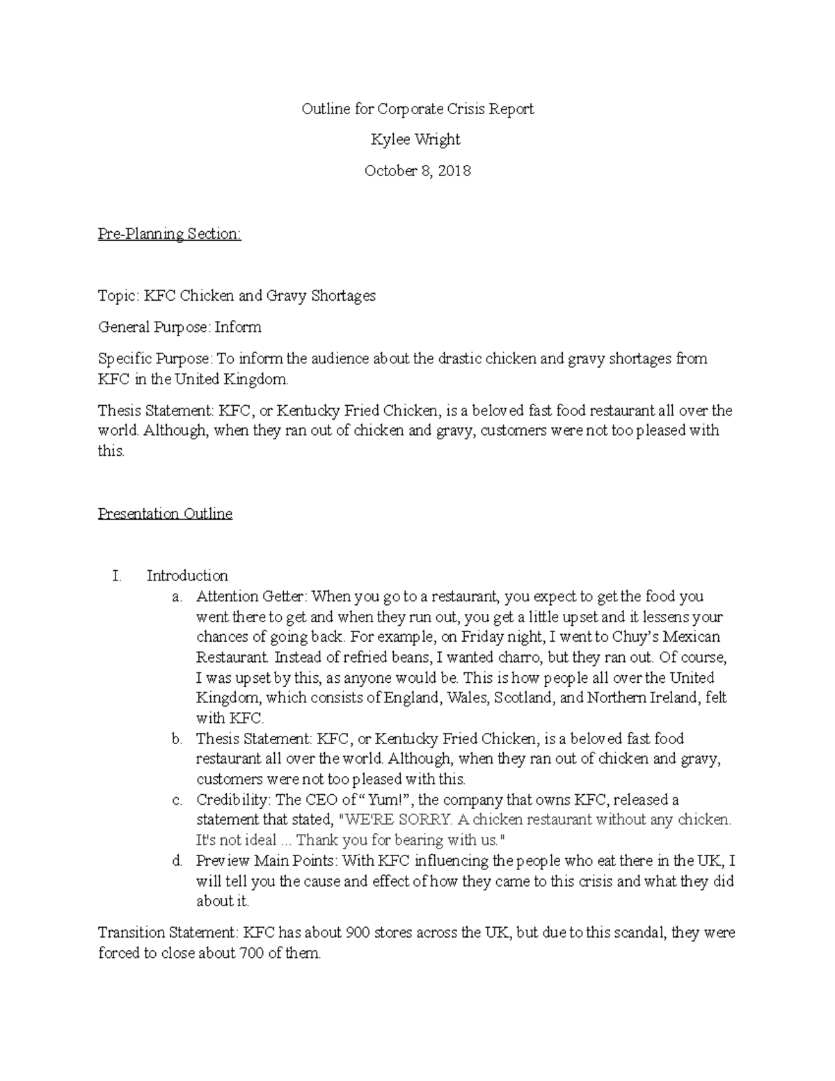 Corporate Crisis Report - Outline for Corporate Crisis Report Kylee ...