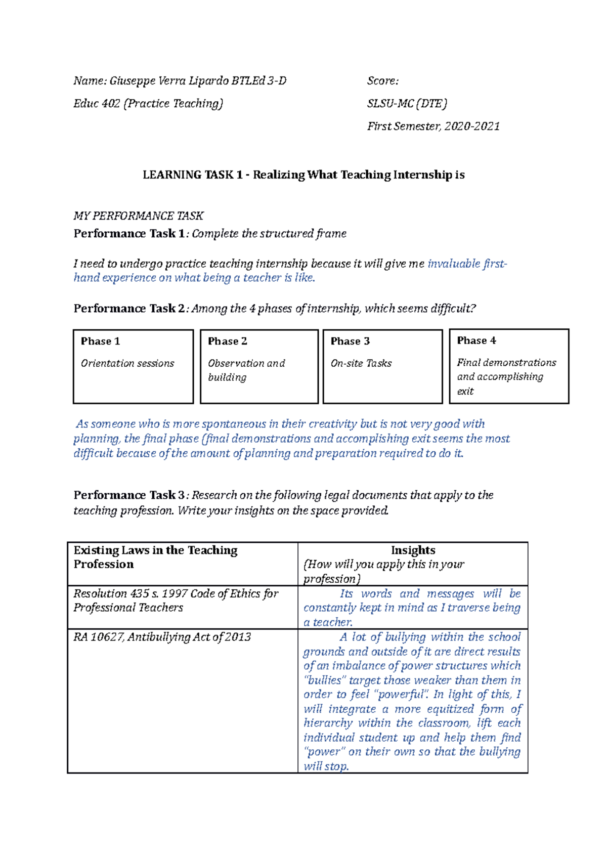 Practice Teaching - Learning Task 1 - SLSU - Studocu