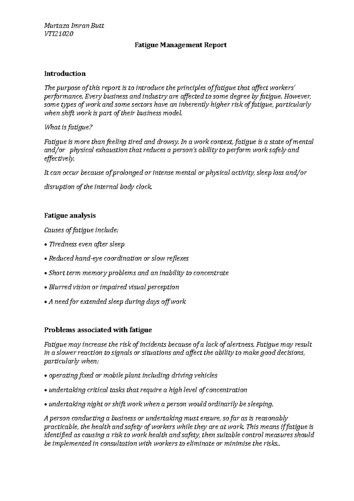 Fatigue management report - Murtaza Imran Butt VTI Fatigue Management ...