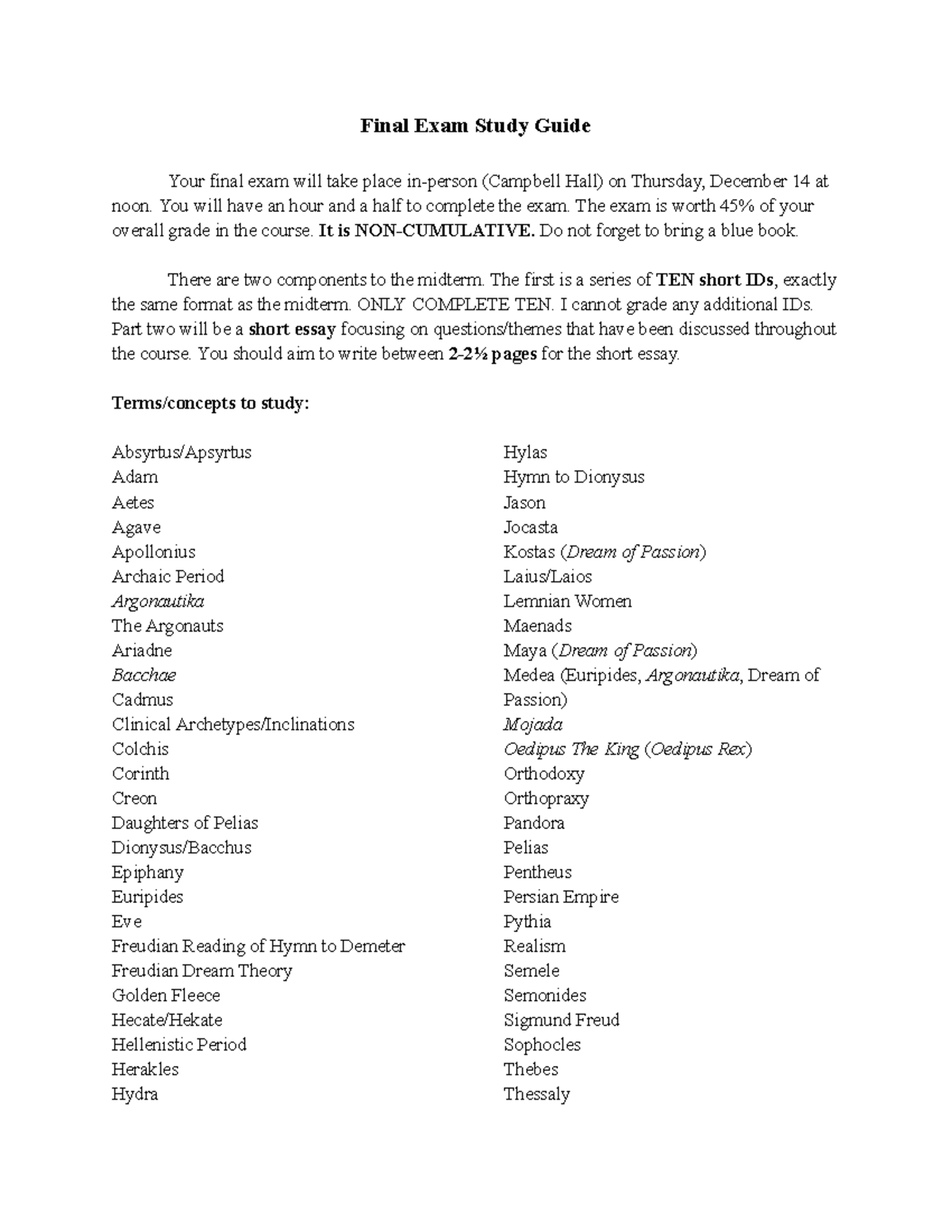 Final Exam Study Guide - Final Exam Study Guide Your final exam will ...