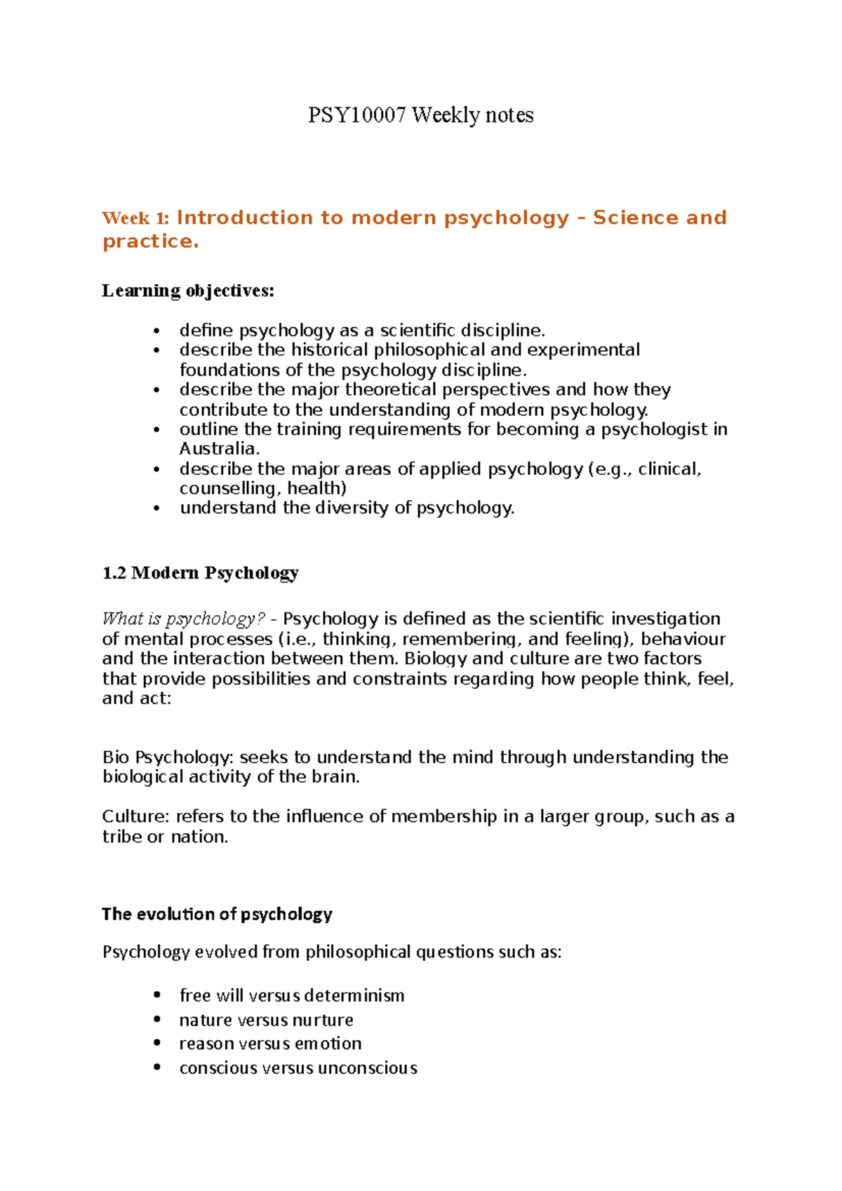 PSY10007 Weekly notes - PSY10007 Weekly notes Week 1: Introduction to ...