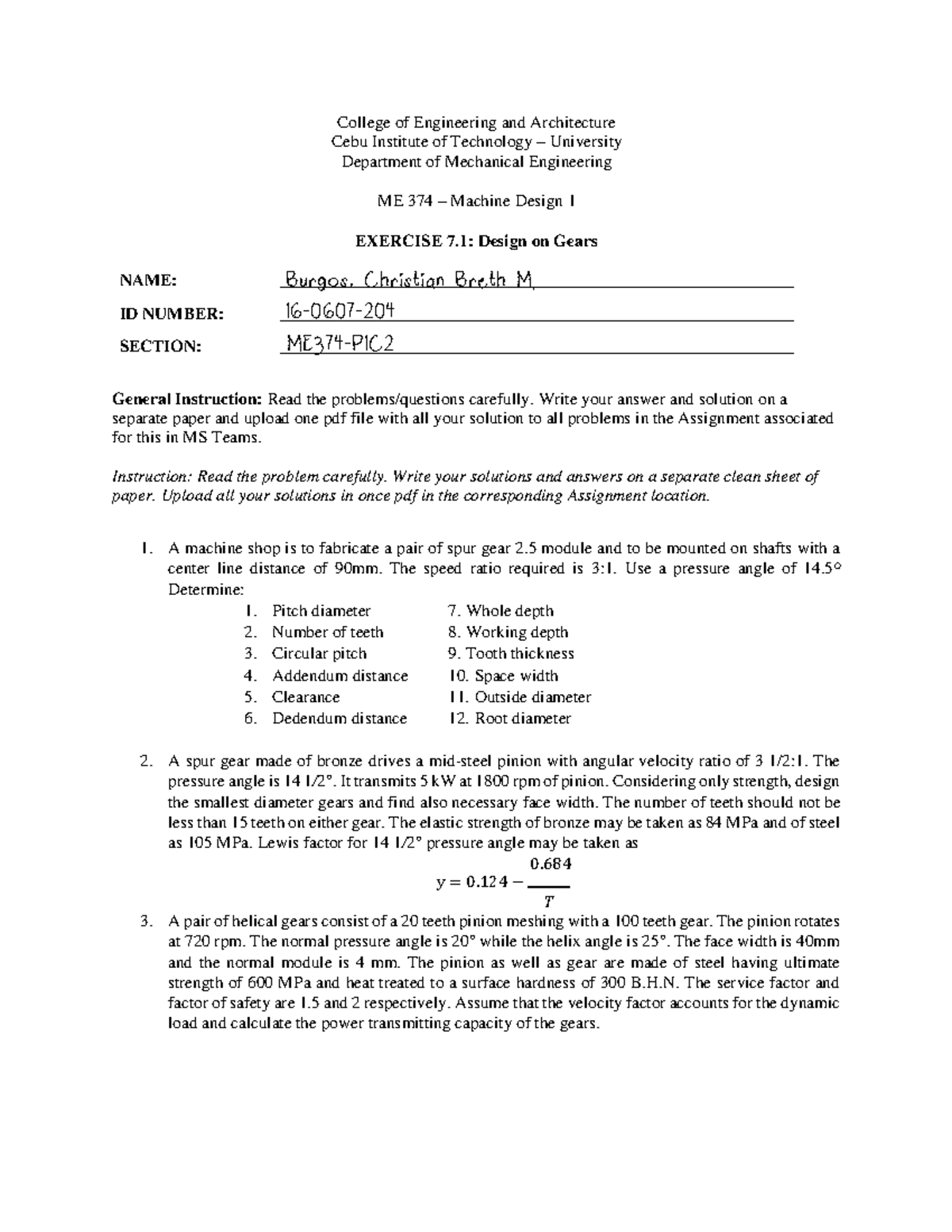 ME 374 Exercise 7 Machine Design Examination - College of Engineering ...