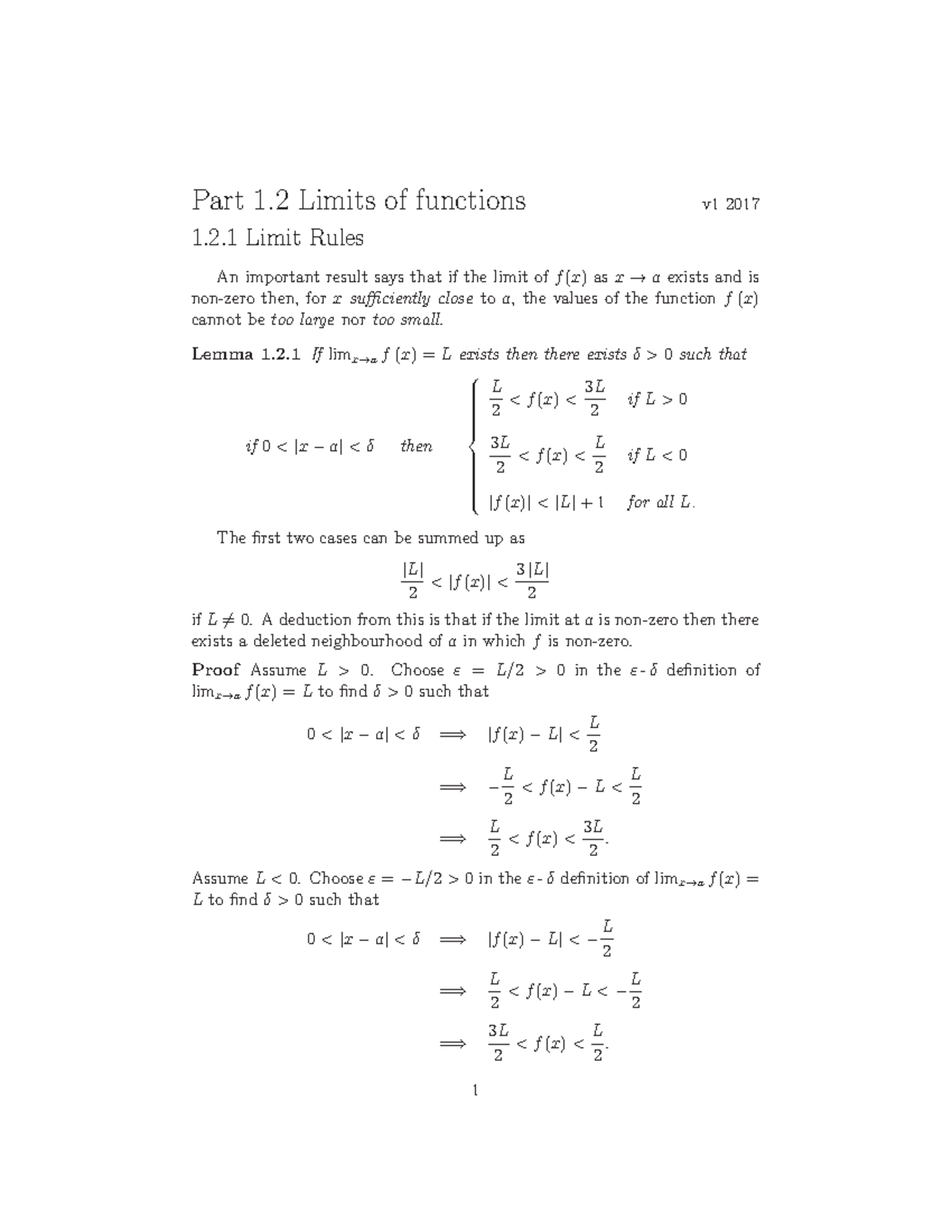 Math2010 1 2017 2018 Real Analysis Lecture Notes 2 Part 1 Limits Of Functions V1 2017 12