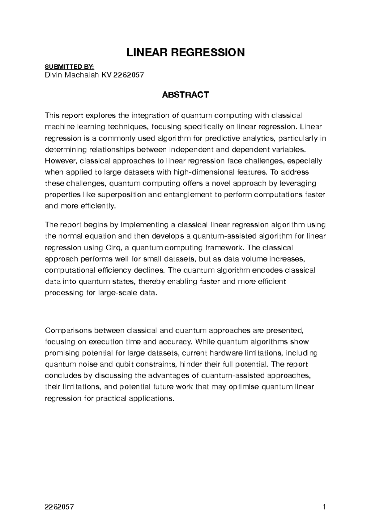 QC Report Updated pdf - QUANTUM COMPUTING - LINEAR REGRESSION SUBMITTED BY: Divin Machaiah KV ...