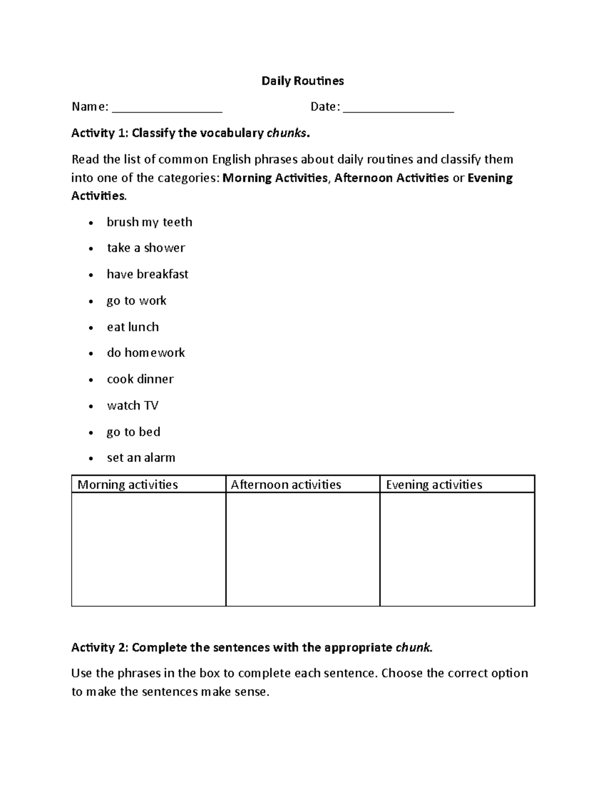 Daily Routines worksheet - Daily Routines Name: ________________ Date ...