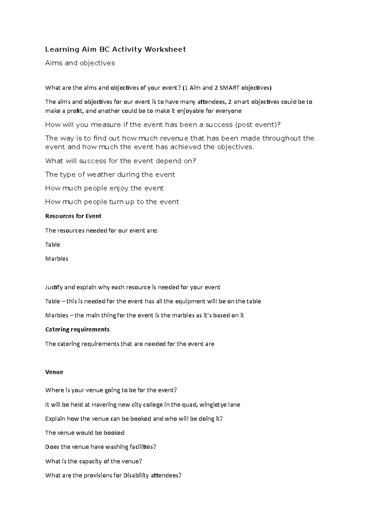 Learning Aim BC Activity worksheet 2022 - Learning Aim BC Activity ...