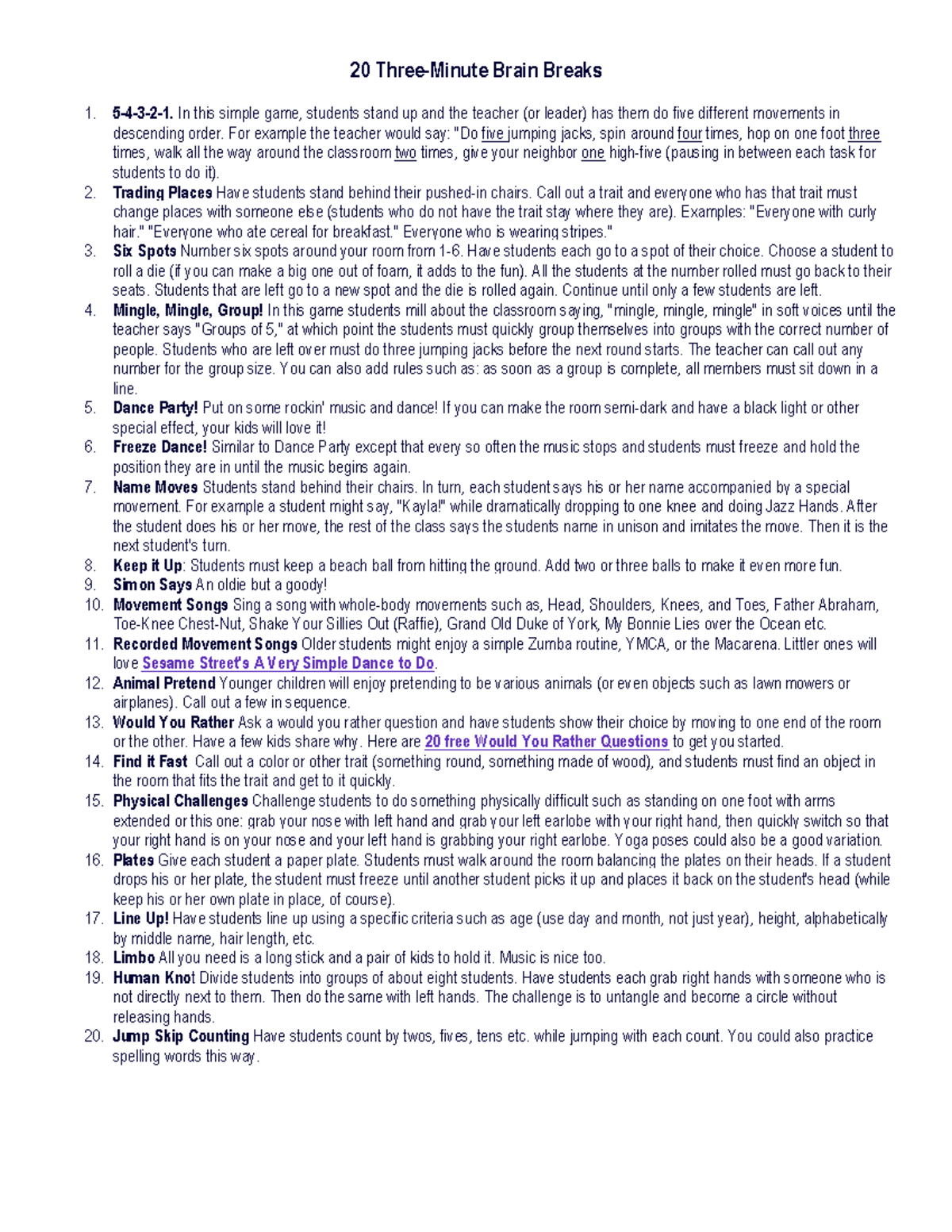 20 Three Minute Brain Breaks - 20 Three-Minute Brain Breaks 5-4-3-2-1 ...