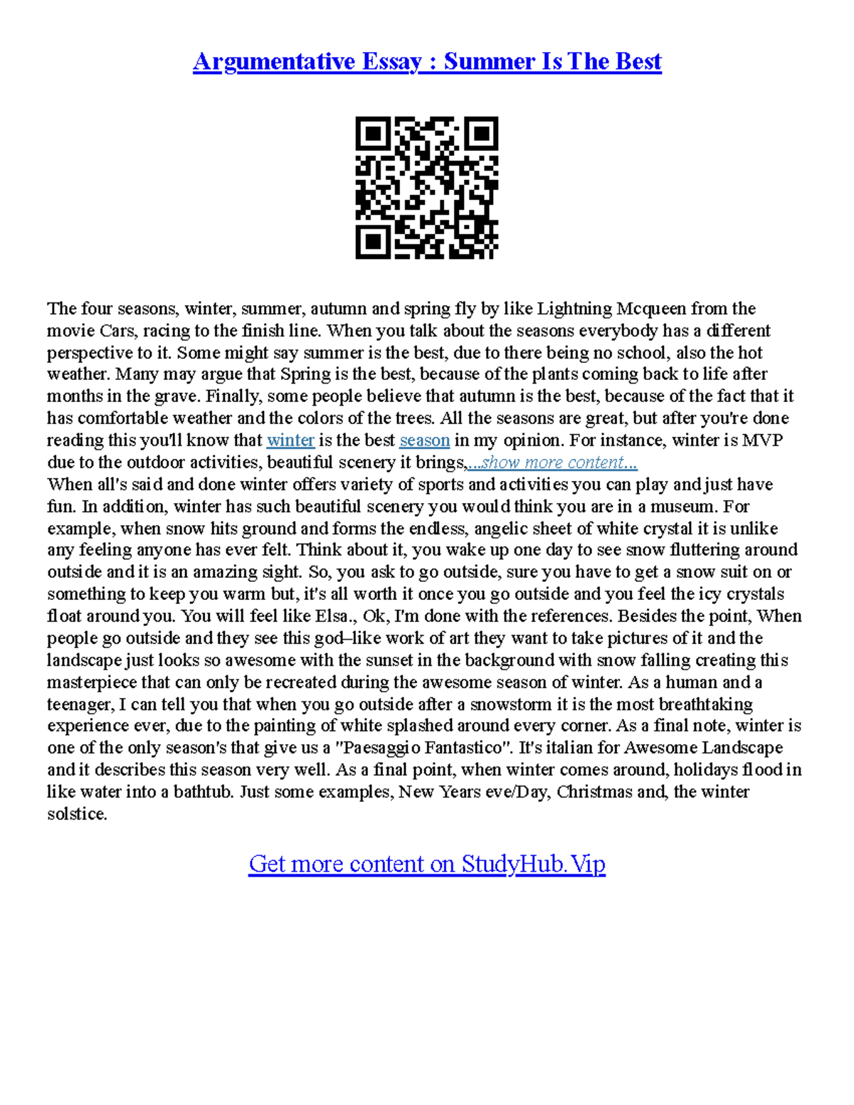 Argumentative Persuasive Essay - Argumentative Essay : Summer Is The ...