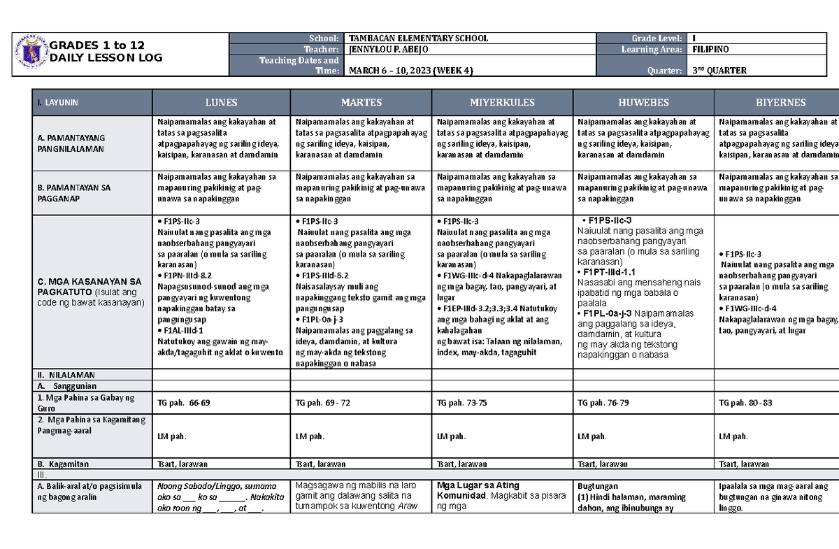 DLL Filipino 1 Q3 W4 - daily lesson log - GRADES 1 to 12 DAILY LESSON ...