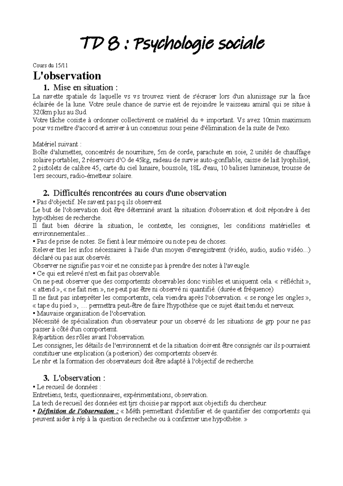 TD L'observation - TD 8 : Psychologie sociale Cours du 15/ L ...