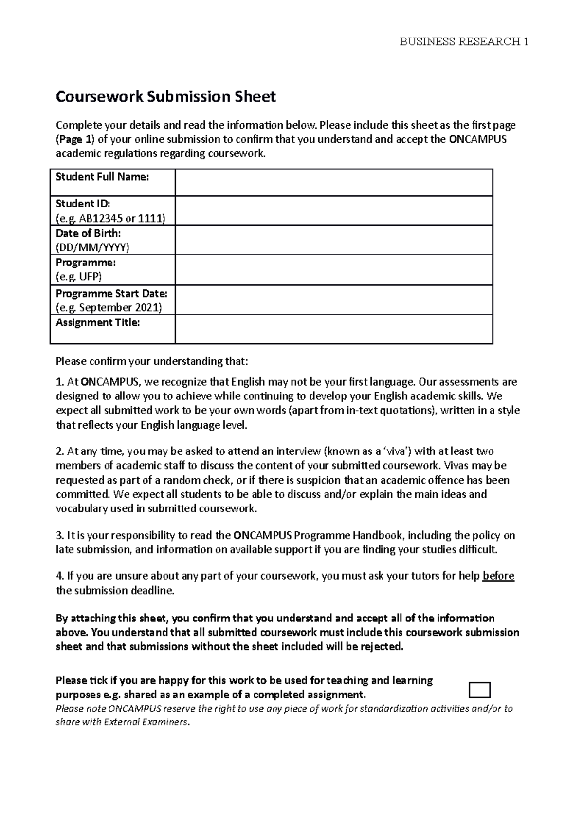 Coursework - revision material - Coursework Submission Sheet Complete ...
