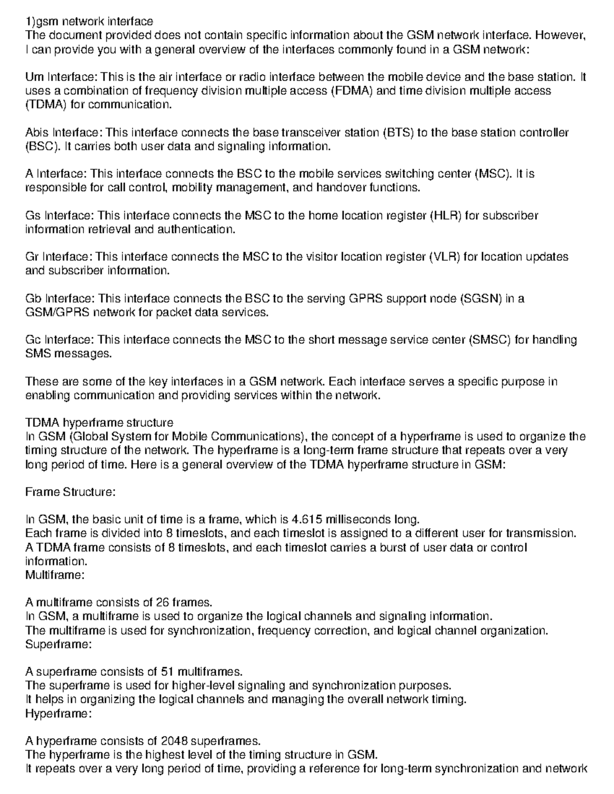 WCC Module 2 - tie - 1)gsm network interface The document provided does ...
