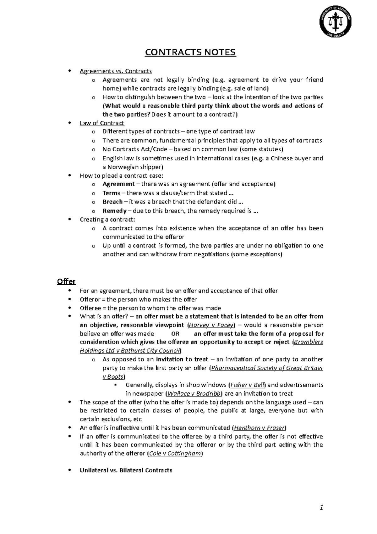 Contracts notes - Summary Bachelor of Laws - CONTRACTS NOTES Agreements ...