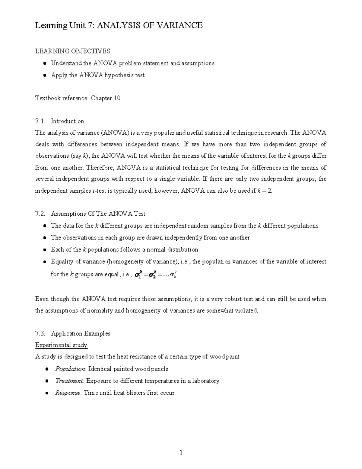 Annotated LU7 LU8 - Learning Unit 7: ANALYSIS OF VARIANCE LEARNING OBJECTIVES Understand the ...