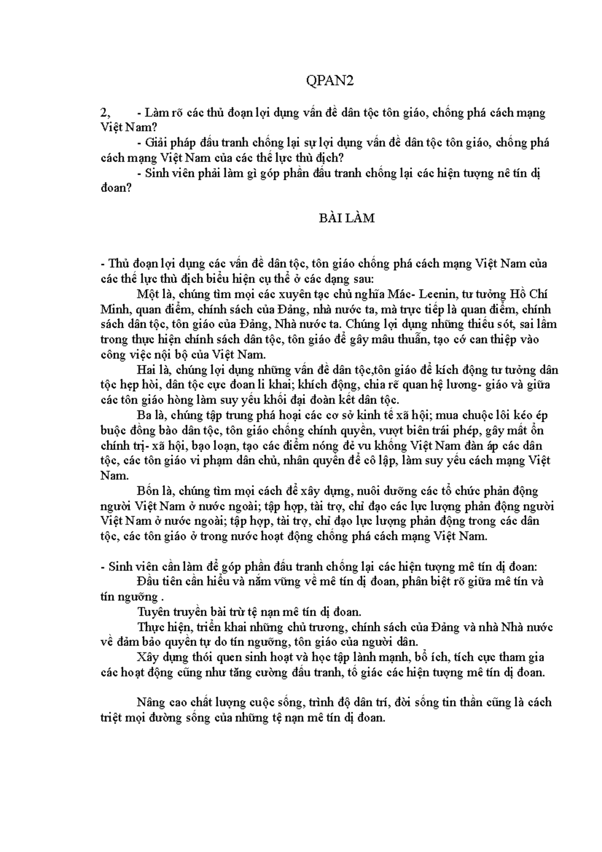 QPAN2 - câu hỏi thảo luận - QPAN 2, - Làm rõ các thủ đoạn lợi dụng vấn đề dân tộc tôn giáo ...