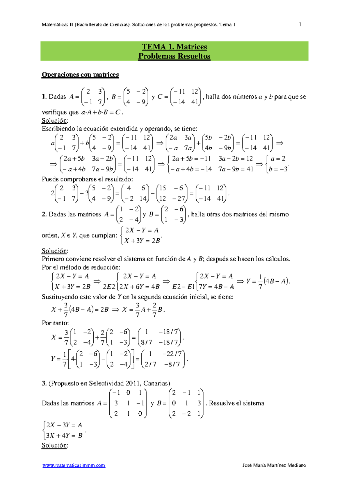 Ejercicios matrices - TEMA 1. Matrices Problemas Resueltos Operaciones con matrices Dadas - Studocu