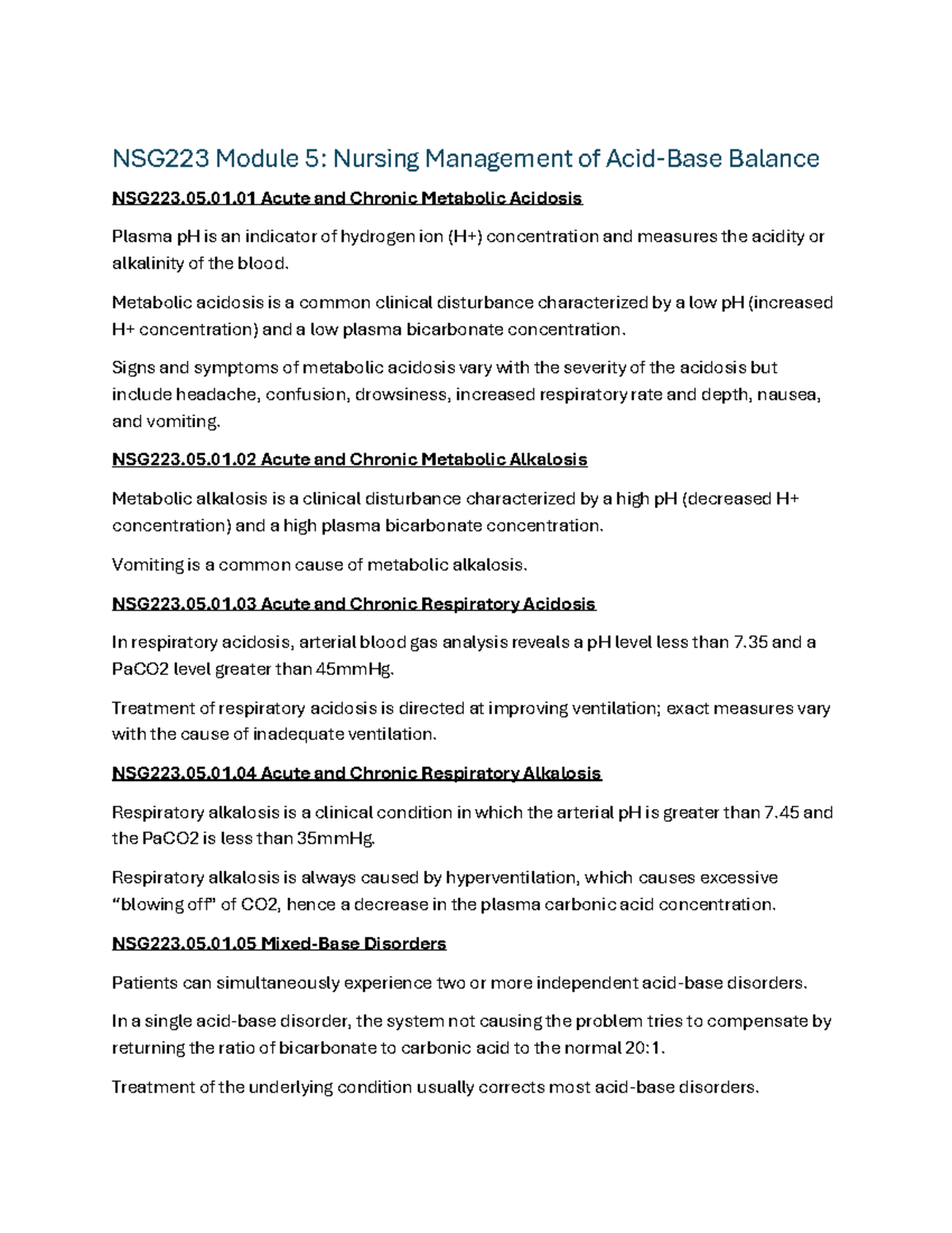 NSG223 Module 5 Nursing Management of Acid-Base Balance - 05.01 Acute ...