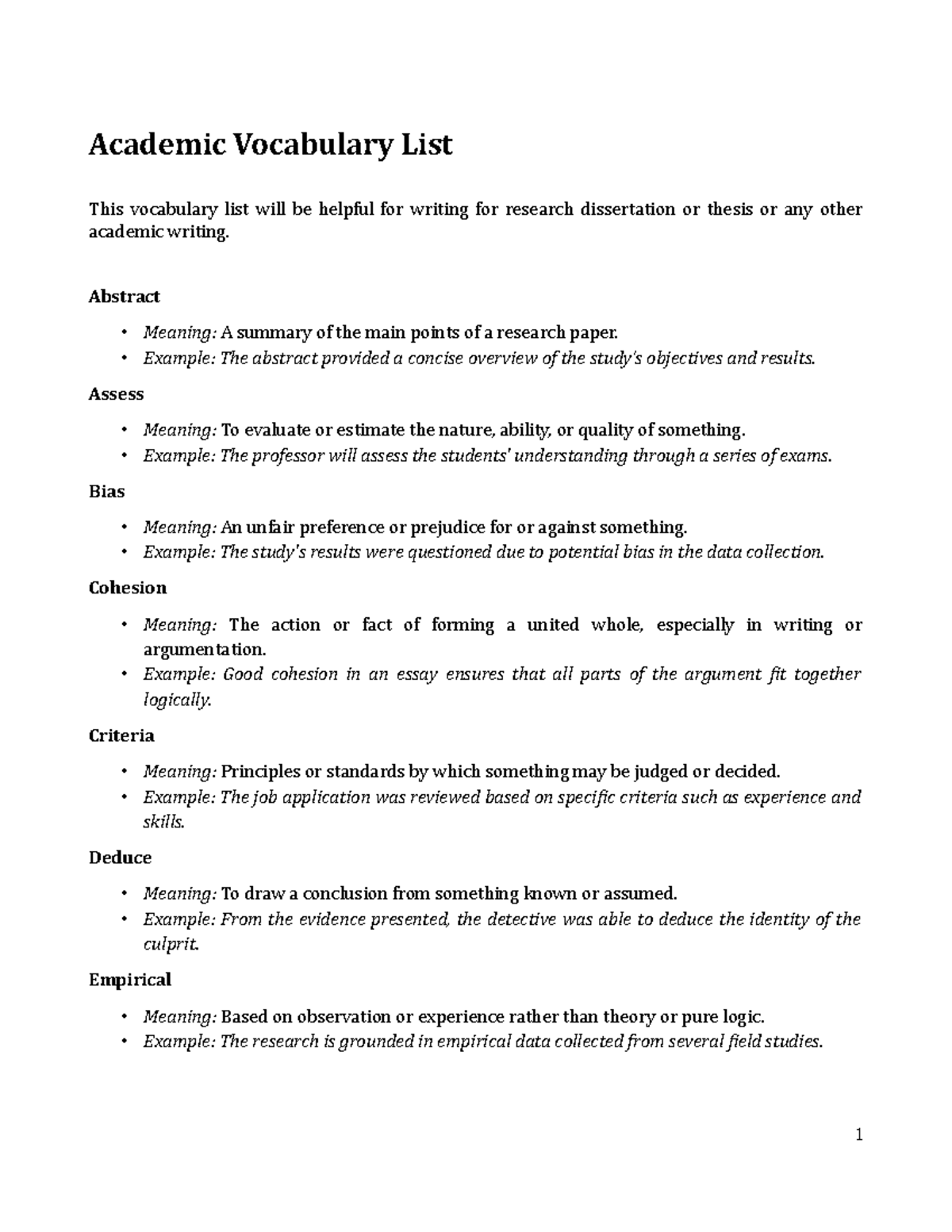Academic vocabulary list - Academic Vocabulary List This vocabulary ...