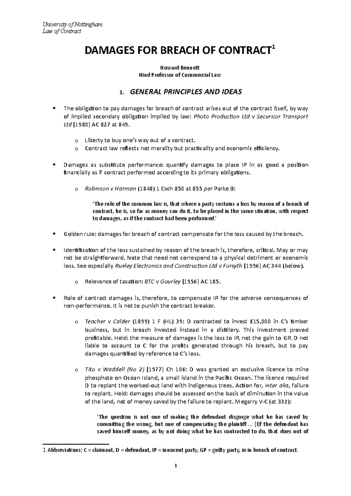 14 Remedies contract law 2019-2020 - Law of Contract DAMAGES FOR BREACH ...