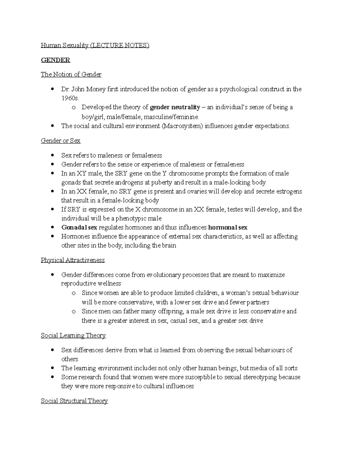 Human Sexuality Gender Week 3 Lecture Notes Human Sexuality