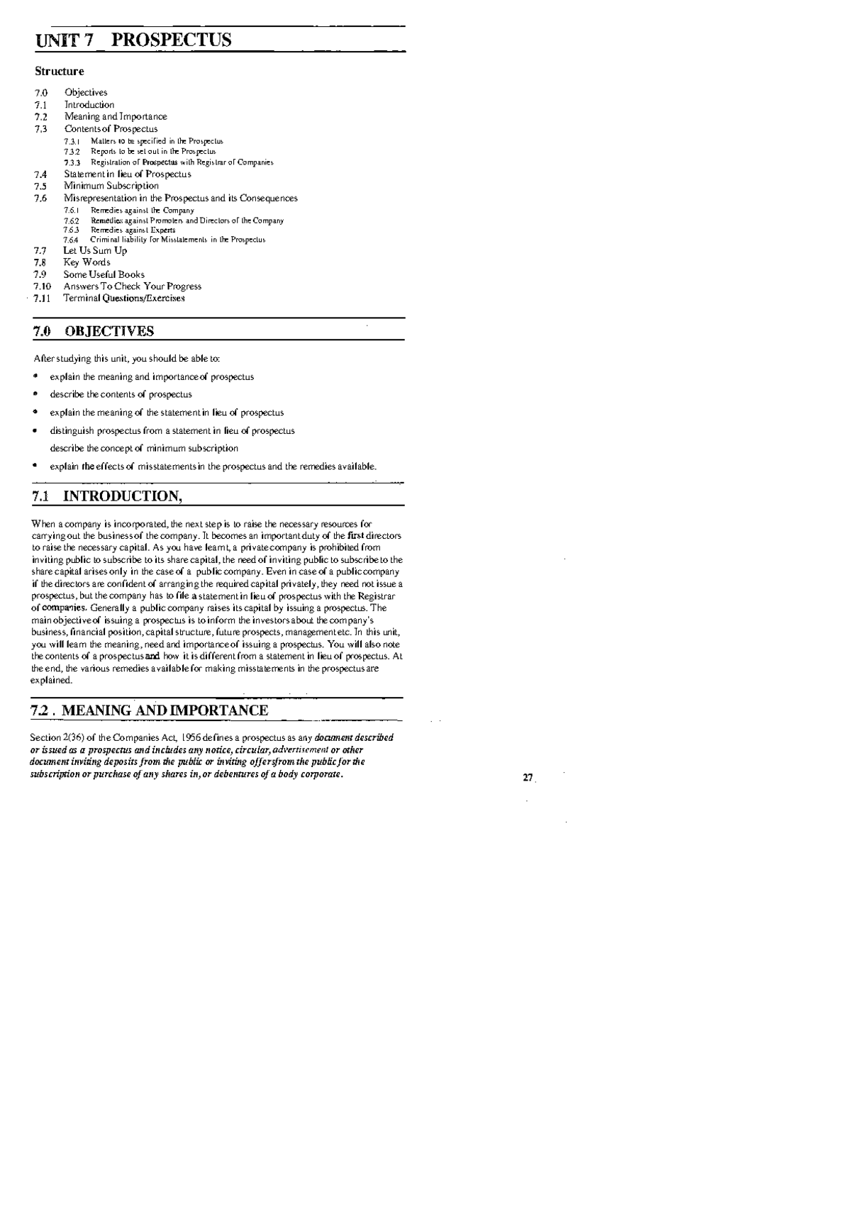 Unit-7 prospectus - PROSPECTUS ####### Structure Objectives ...