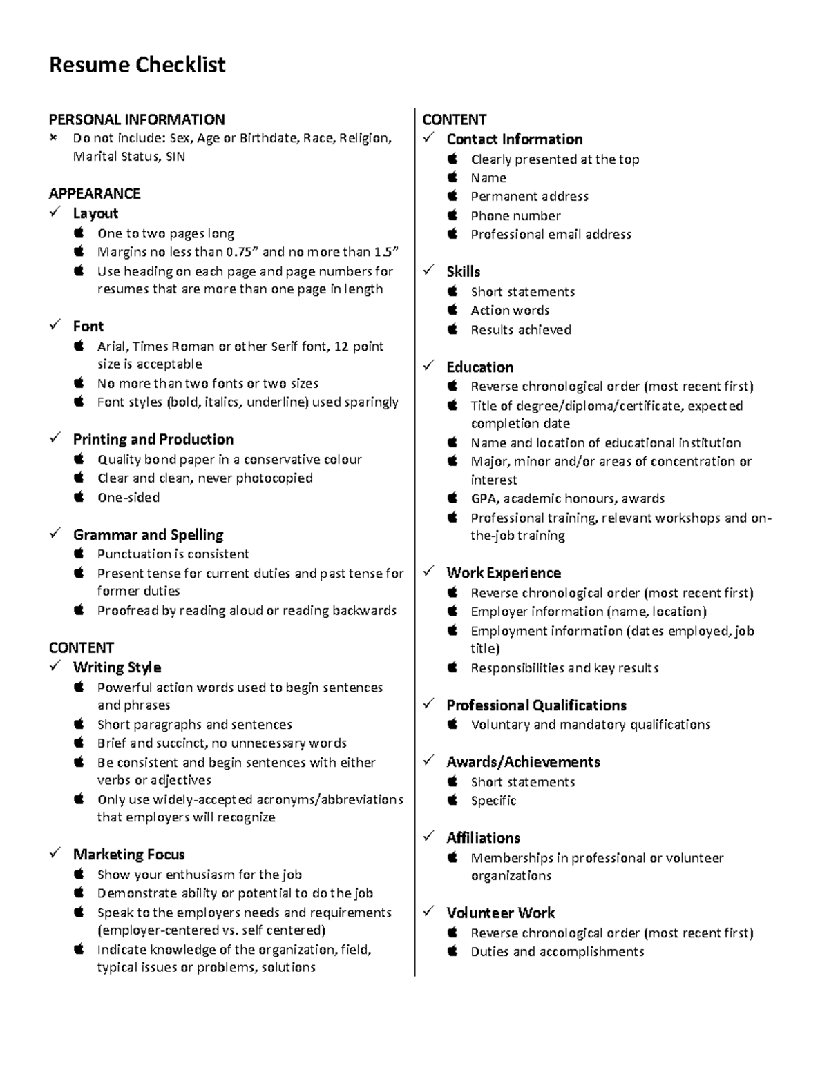 Resume Checklist 2 - items - Resume Checklist PERSONAL INFORMATION û Do ...