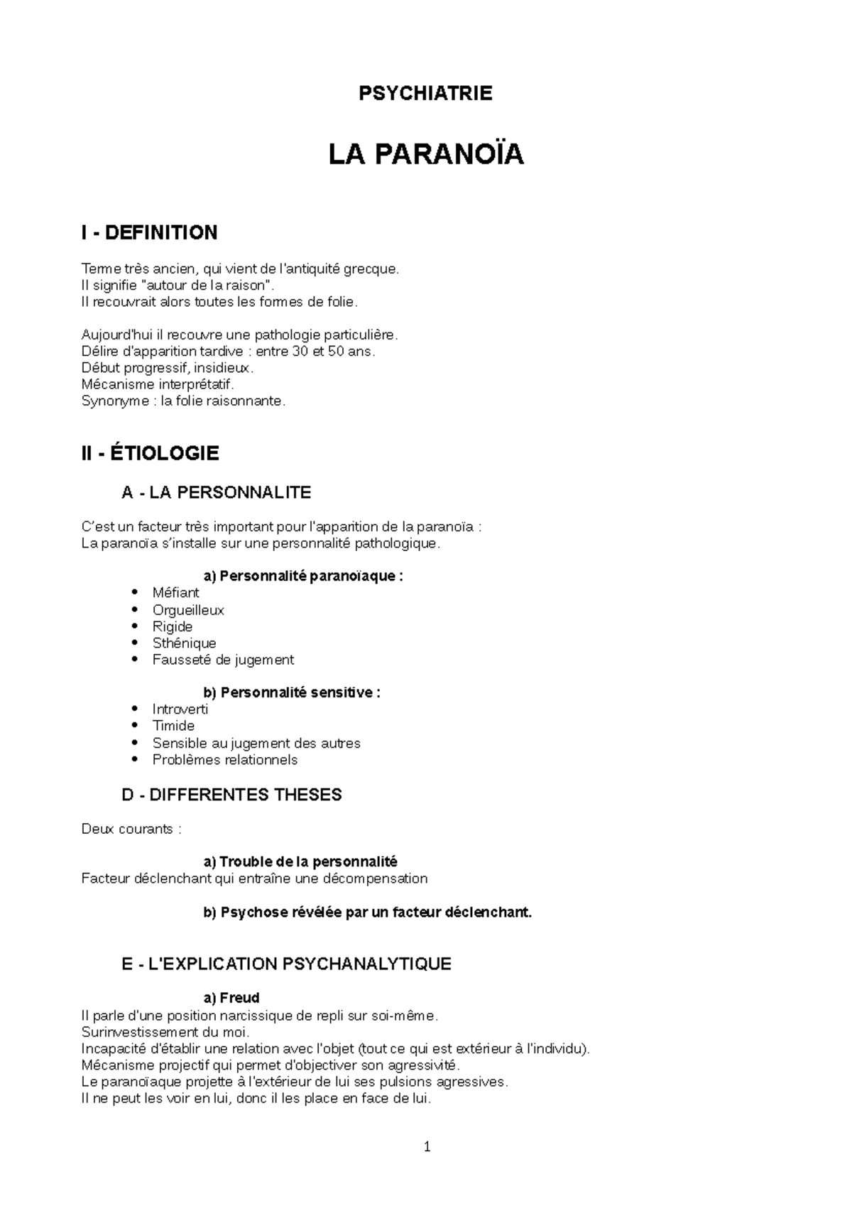 LA Paranoïa DEF - PSYCHIATRIE 1 LA PARANOÏA I - DEFINITION Terme très ...