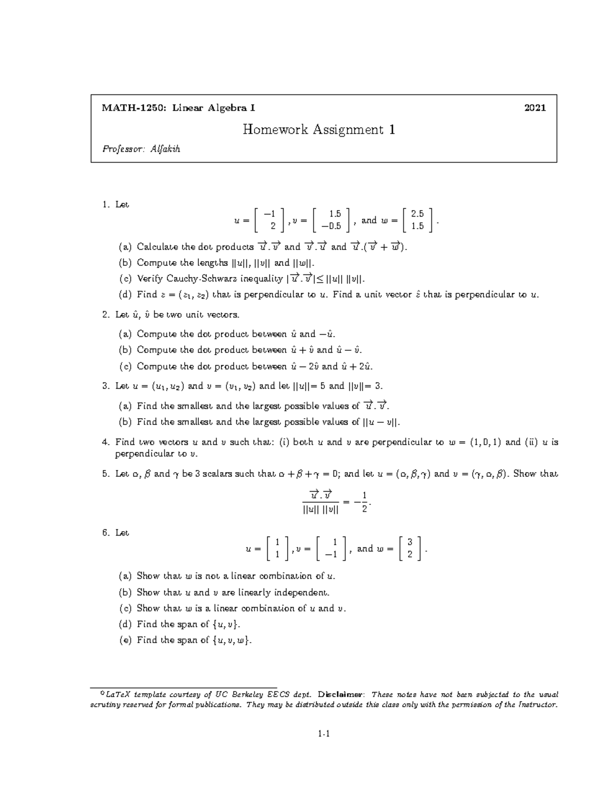 Hw1 - Homework 1 for MATH 1250 Linear Algebra 1 - MATH-1250: Linear ...