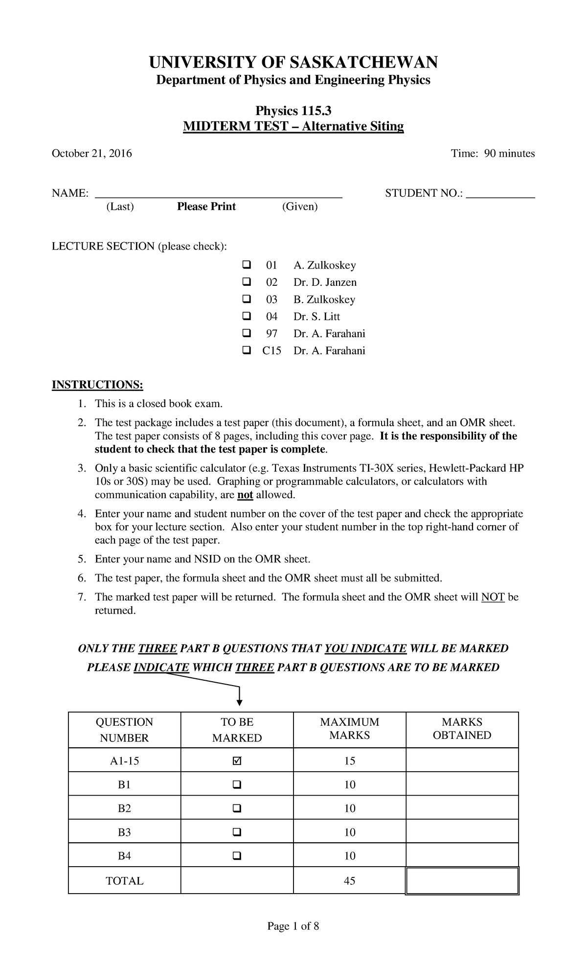 PHYS 115 2016 Alternative Midterm Exam - UNIVERSITY OF SASKATCHEWAN ...
