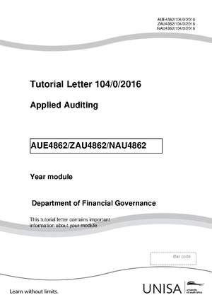 Unisa Audit Tut letter 102 - AUE4861/102/0/ ZAU4861/102/0/ NAU4861/102/0/ Tutorial letter 102/0 ...