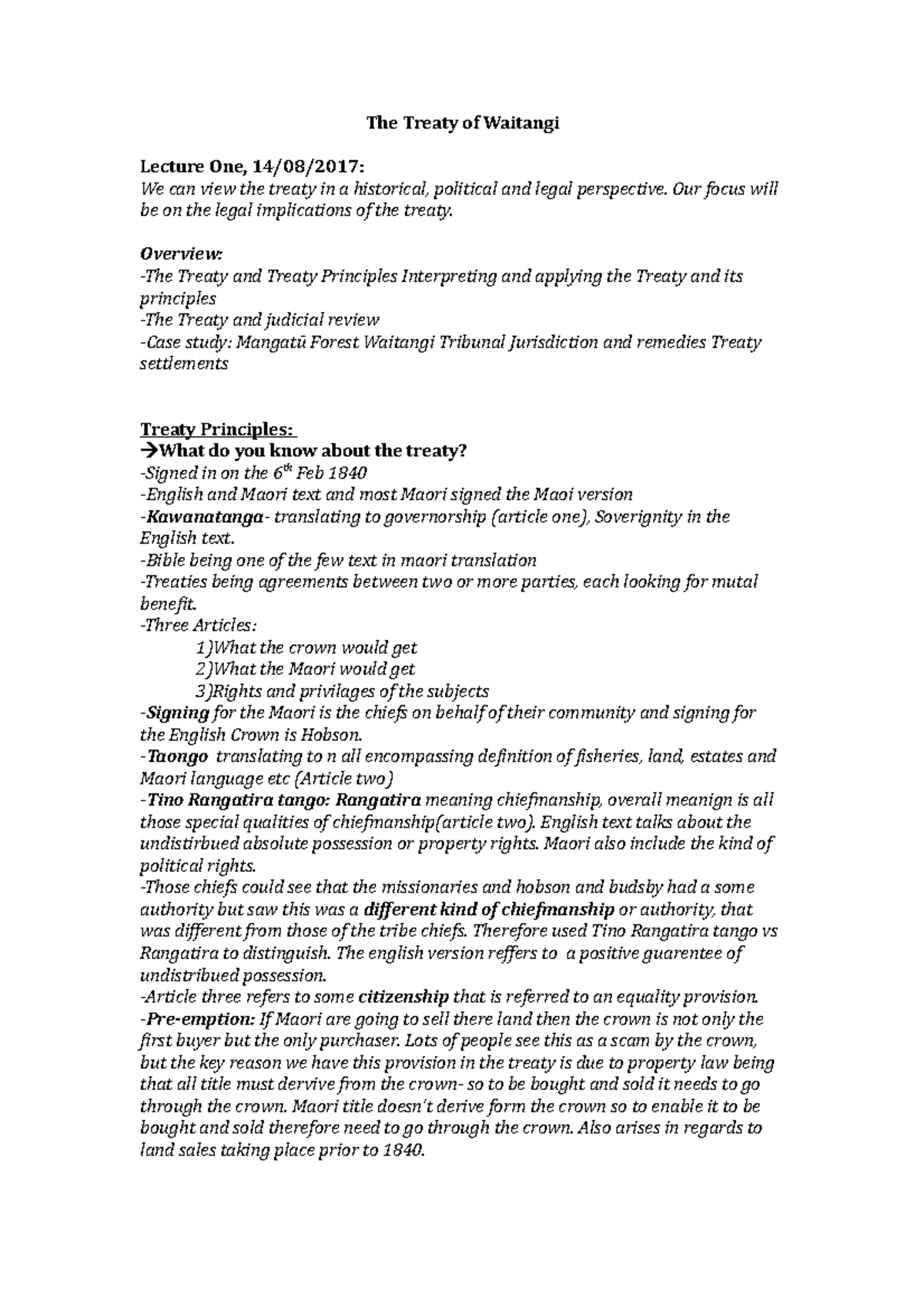 The Treaty of Waitangi - Summary Public Law - The Treaty of Waitangi ...