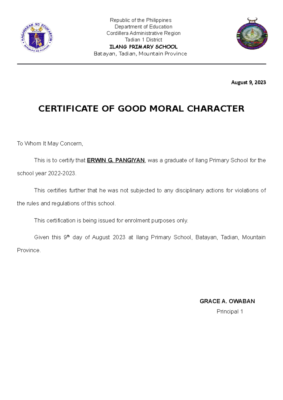 Certificate of good moral character - Republic of the Philippines ...