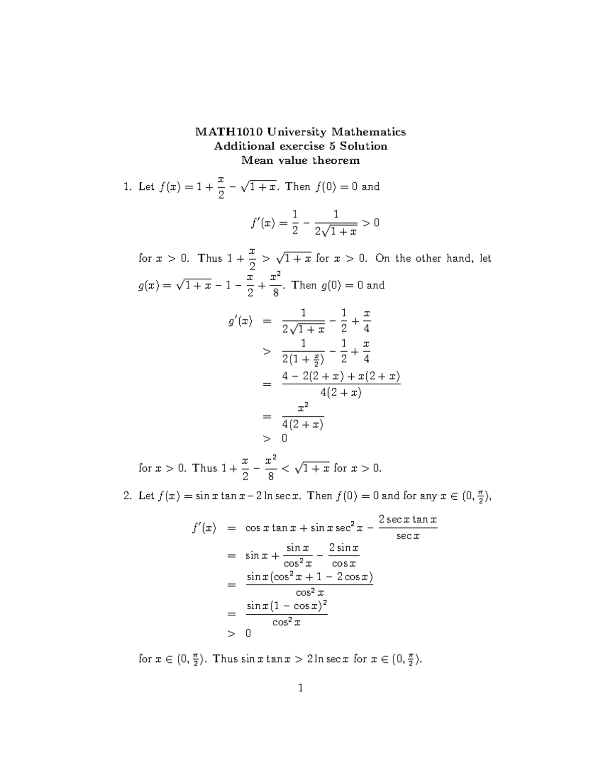 Additional exercise 5 Solution - MATH1010 University Mathematics ...