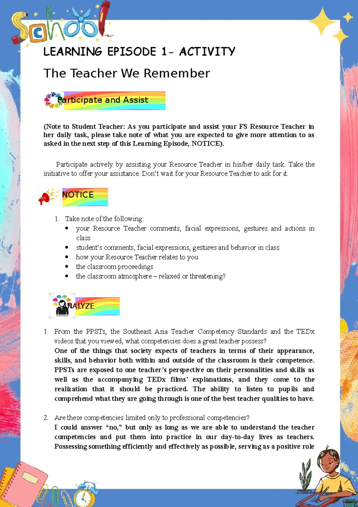 Learning Episode 1 Activity - LEARNING EPISODE 1- ACTIVITY The Teacher ...