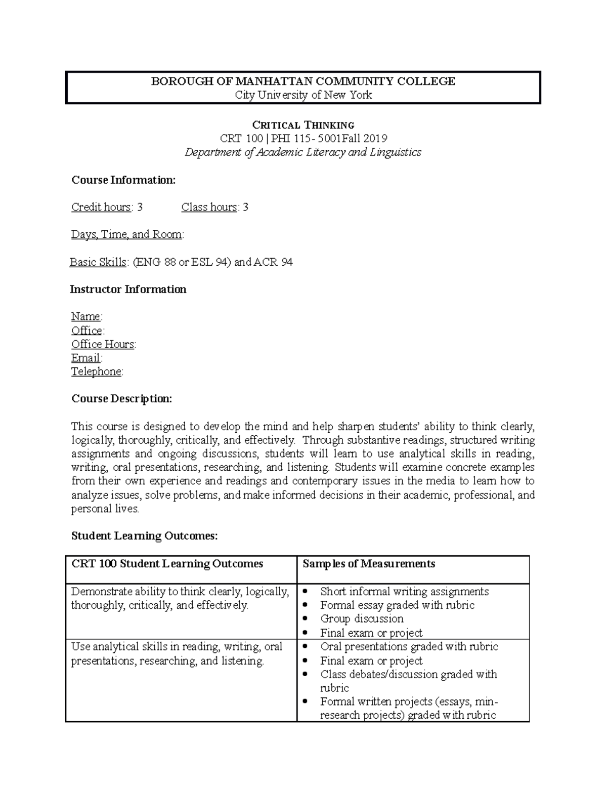 CRT 100 Syllabus FALL 2019 - BOROUGH OF MANHATTAN COMMUNITY COLLEGE ...