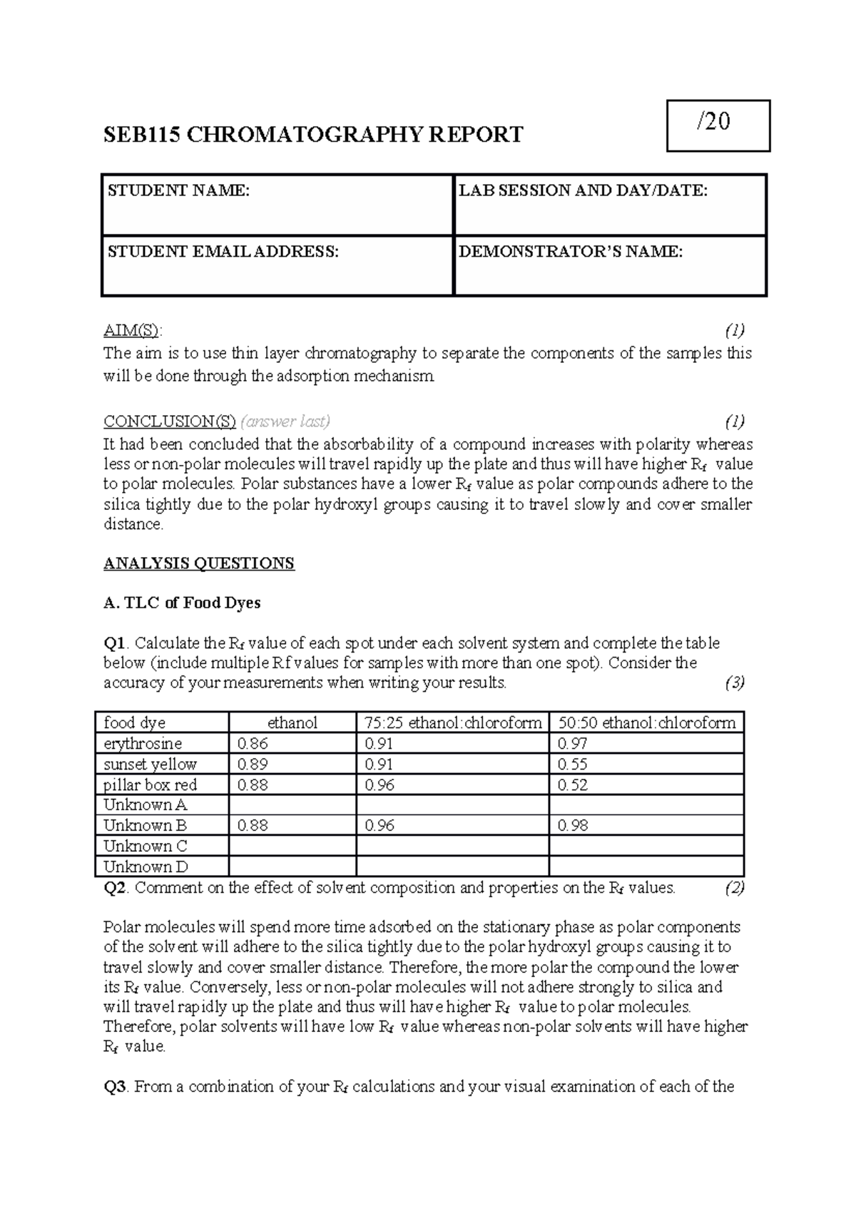 SEB115 Chromatography Report - SEB115 CHROMATOGRAPHY REPORT STUDENT ...