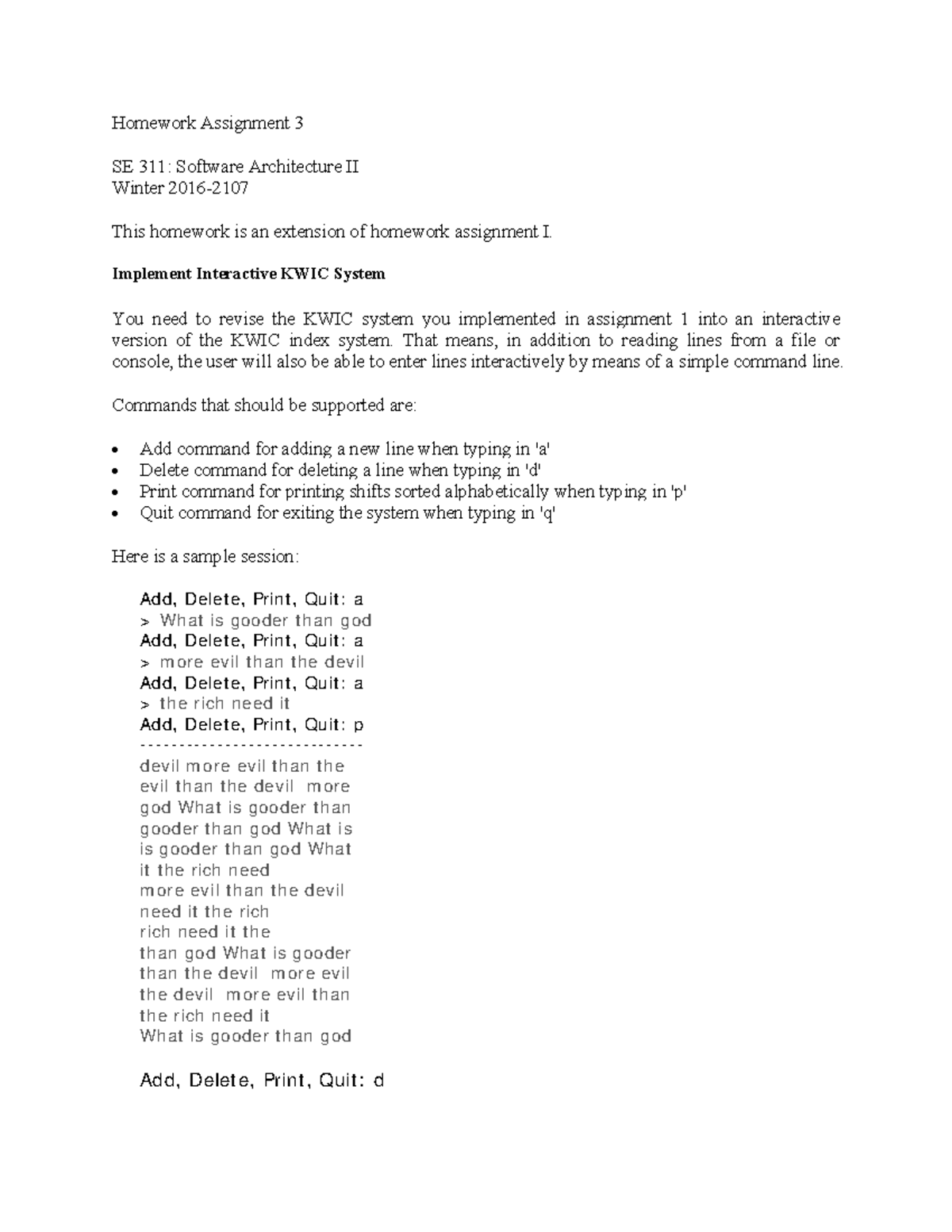 A3 - ASSIGNMENT 4 - Homework Assignment 3 SE 311: Software Architecture II Winter 2016- This ...