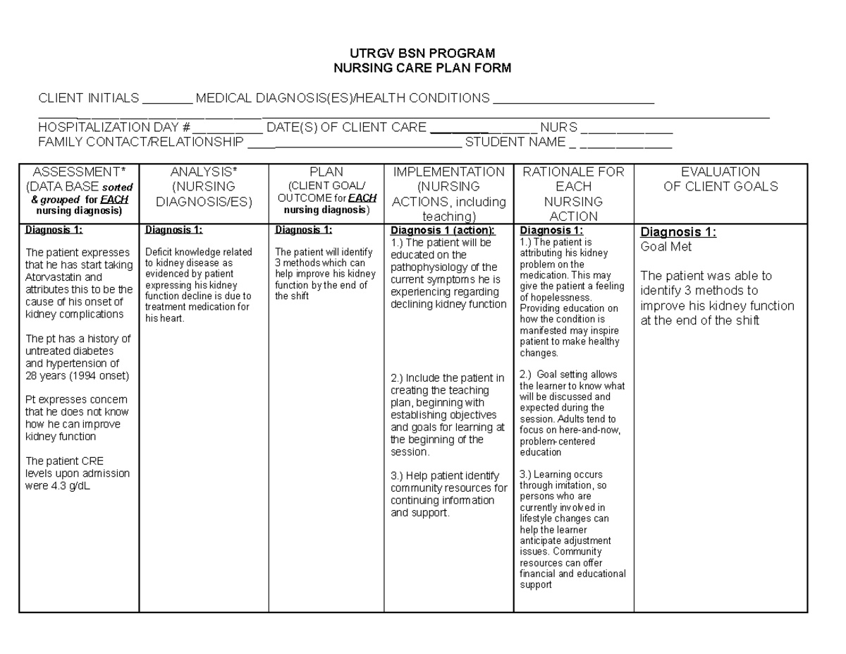 Week 8- AH2 11 - Assignment - UTRGV BSN PROGRAM NURSING CARE PLAN FORM CLIENT INITIALS MEDICAL ...