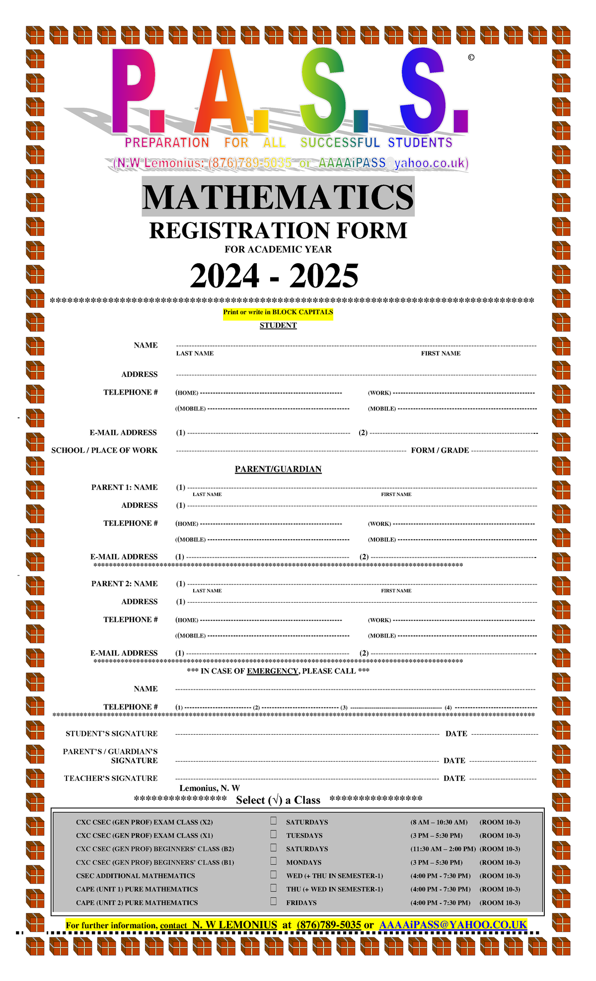 P.A.S.S. Registration Form (2024-2025} - © MATHEMATICS REGISTRATION ...