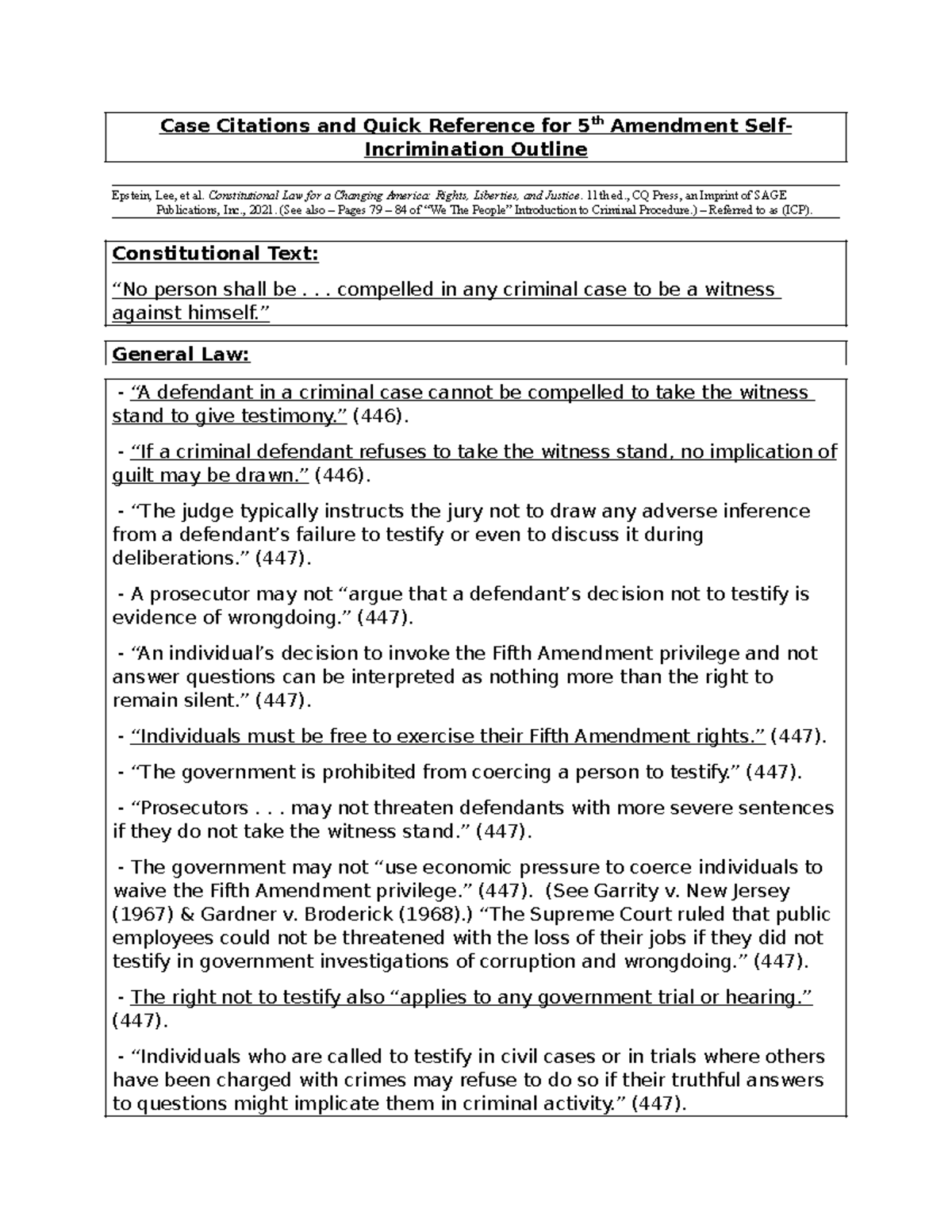 Case Citations and Quick Reference for 5th Amendment Self-Incrimination ...