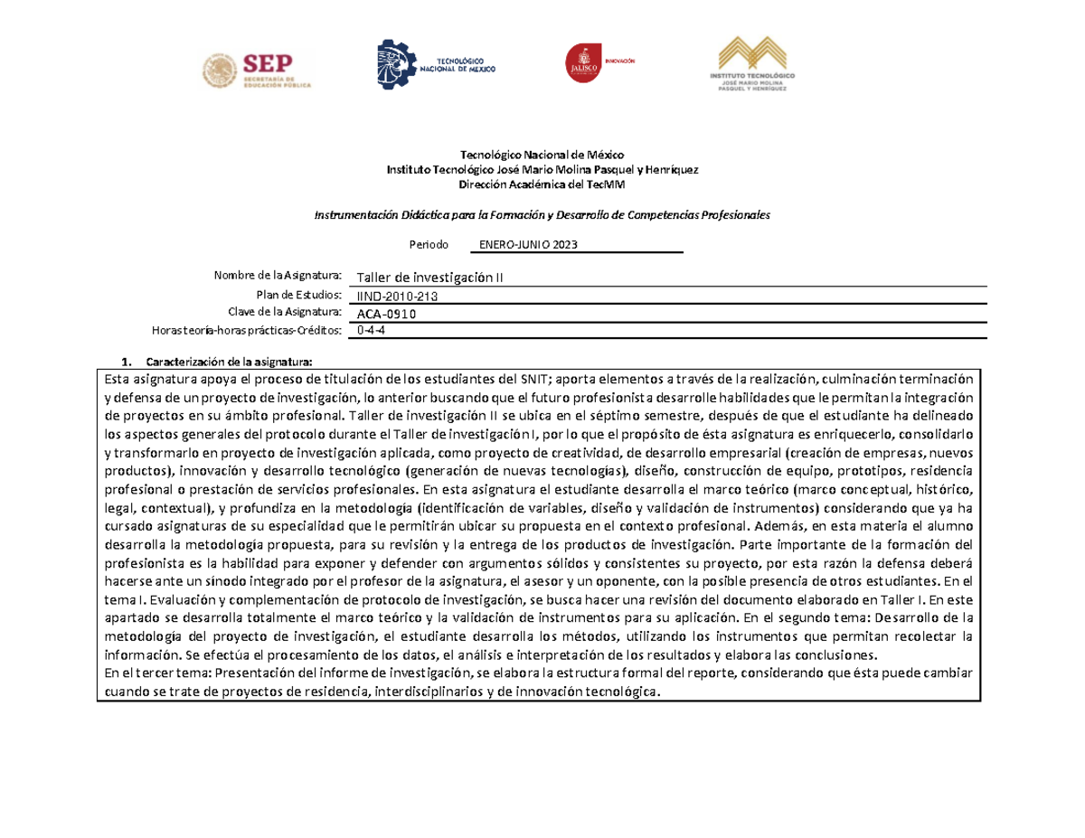Instrumentacion-Didáctica Informatica Taller de Investigacion II 2023 A - TecnolÛgico Nacional ...