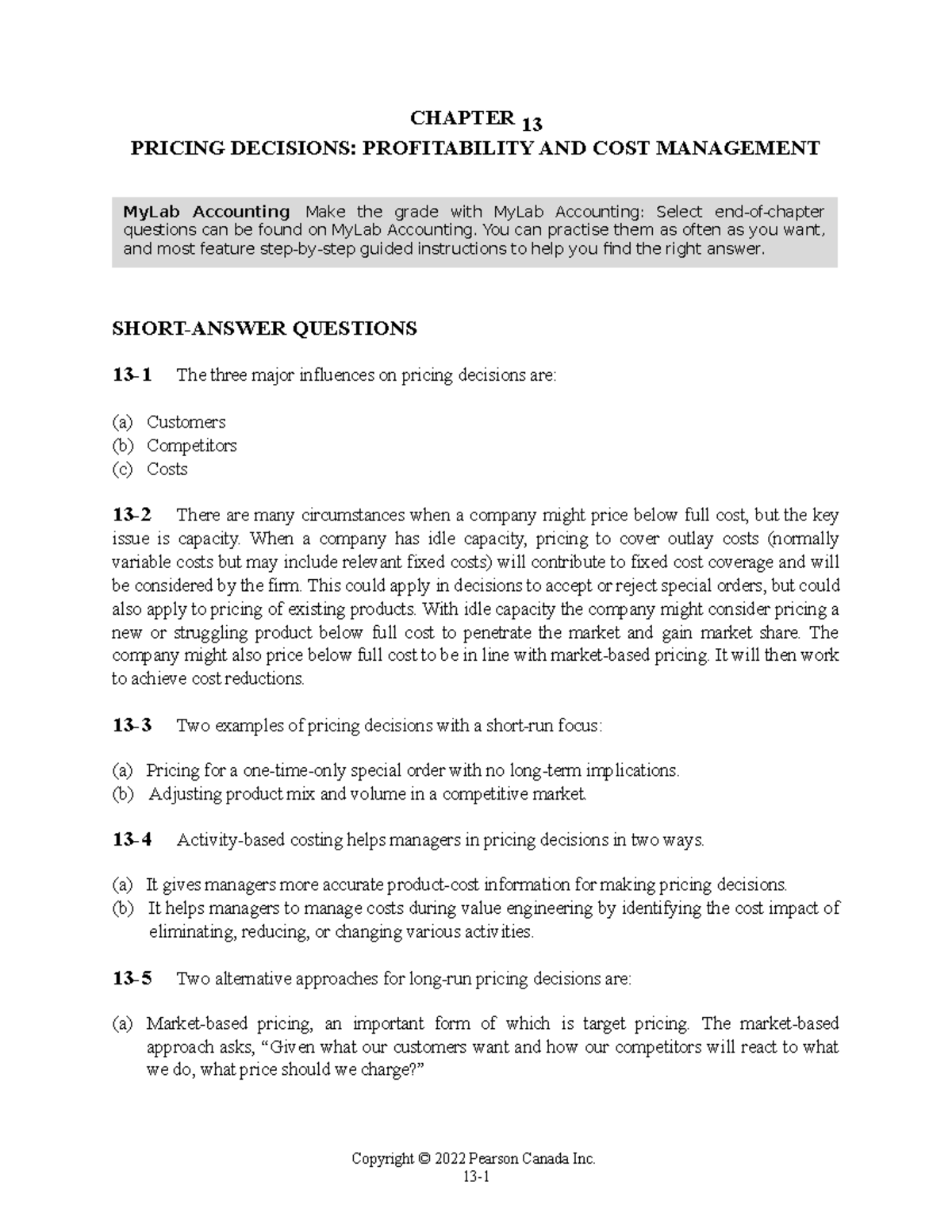Chapter 13 - textbook practice - CHAPTER 13 PRICING DECISIONS ...