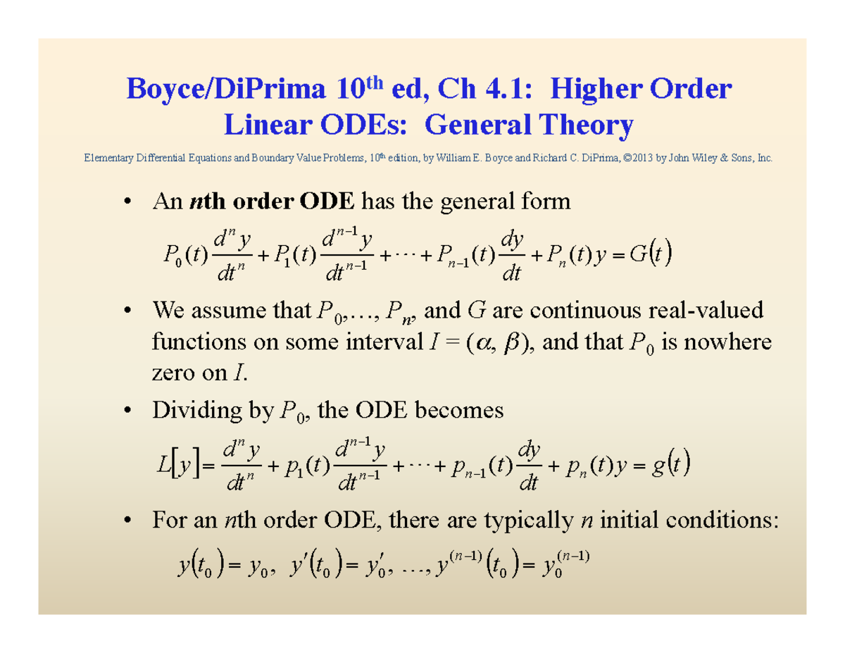 Boyce DE 10e PPT ch04 1 Final - Boyce/DiPrima 10th ed, Ch 4: Higher ...