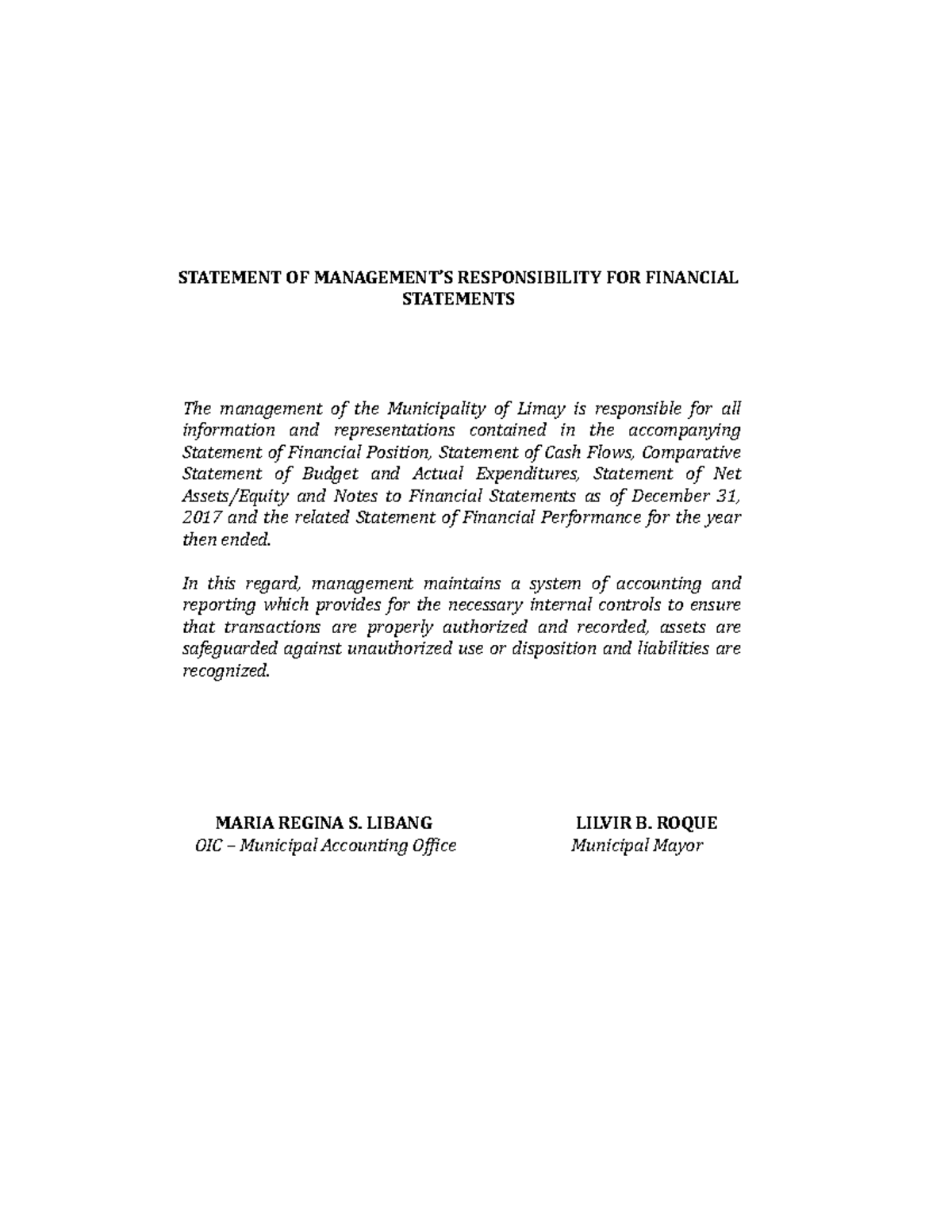 Statement OF Management - STATEMENT OF MANAGEMENT’S RESPONSIBILITY FOR ...