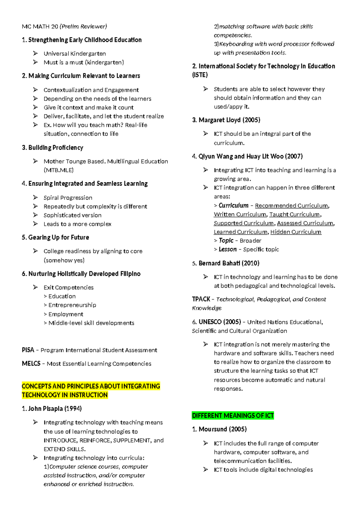 MC-MATH-20 - MC MATH 20 (Prelim Reviewer) Strengthening Early Childhood ...